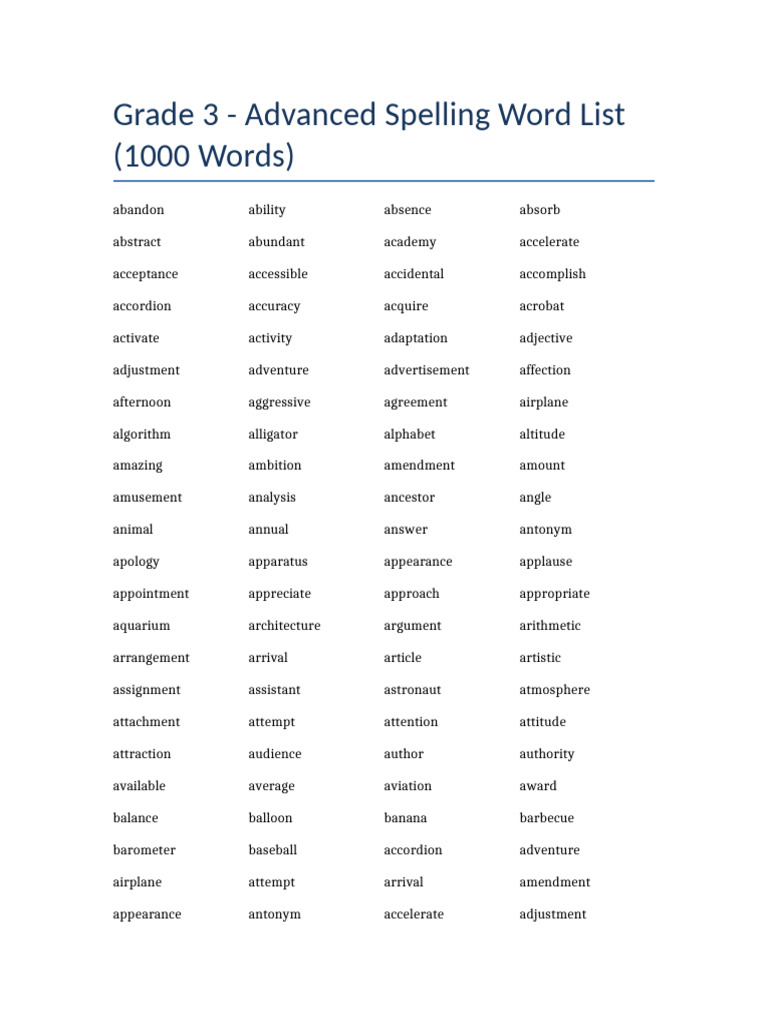 Grade 3 Advanced Spelling Word List | PDF