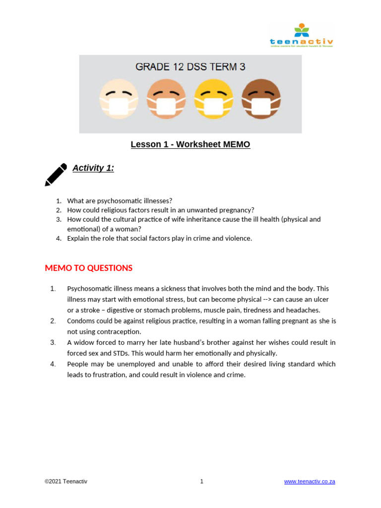 4 Lesson 1 - Worksheet MEMO (1) | PDF | Safe Sex | Pregnancy
