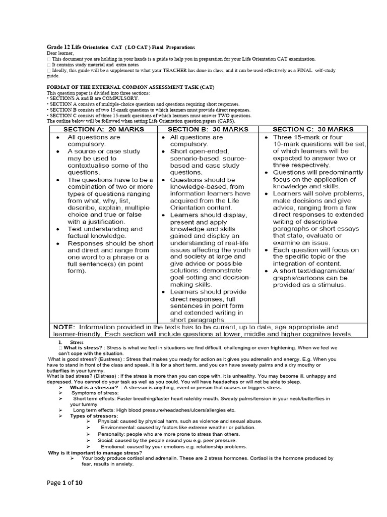 Grade 12 Life Orientation CAT Study Guide | PDF | Stress (Biology ...