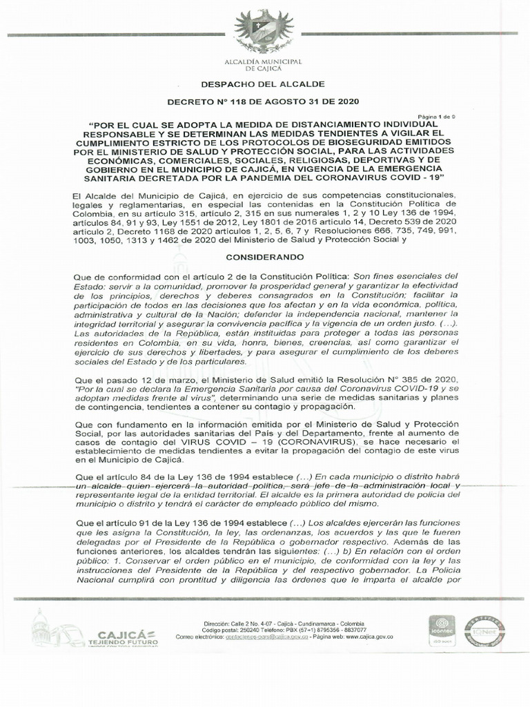 Decreto No. 118 de Agosto 31 de 2020 | PDF