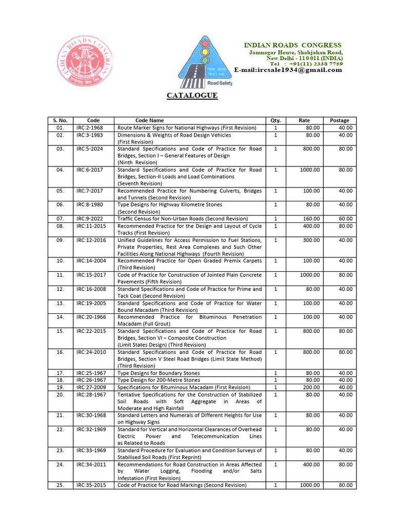 IRC Catalogue 2025 for Road Standards | PDF | Road | Road Surface