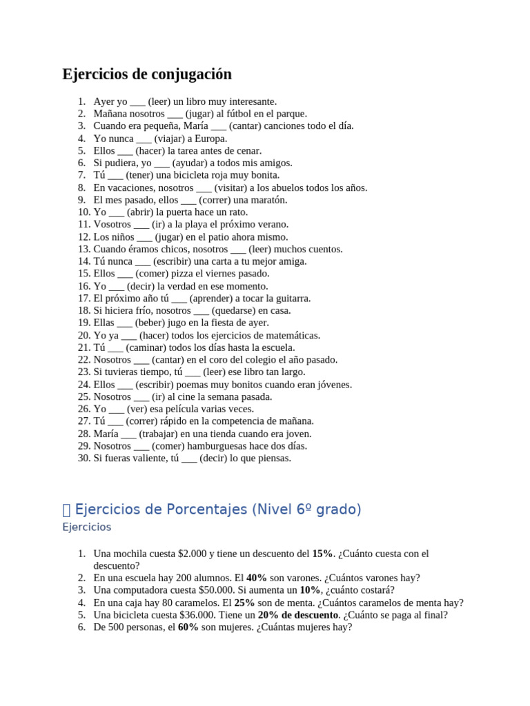 Ejercicios de Conjugación + Matematica | PDF