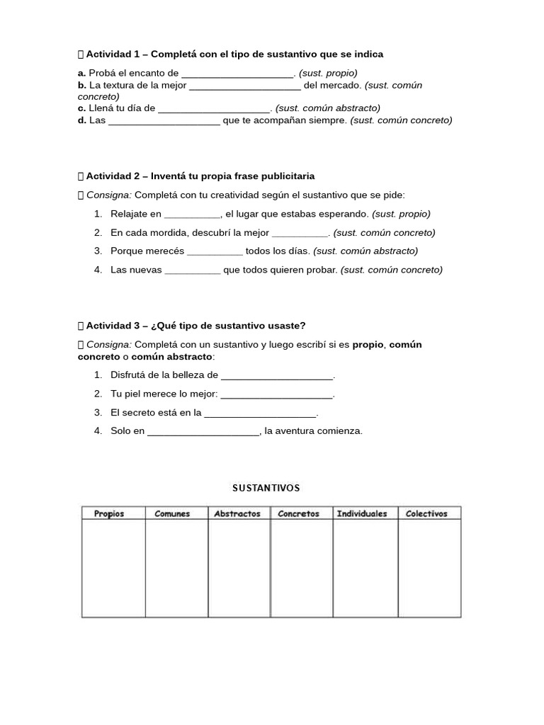 Plantillas de Actividades de Sustantivos Refuerzo | PDF