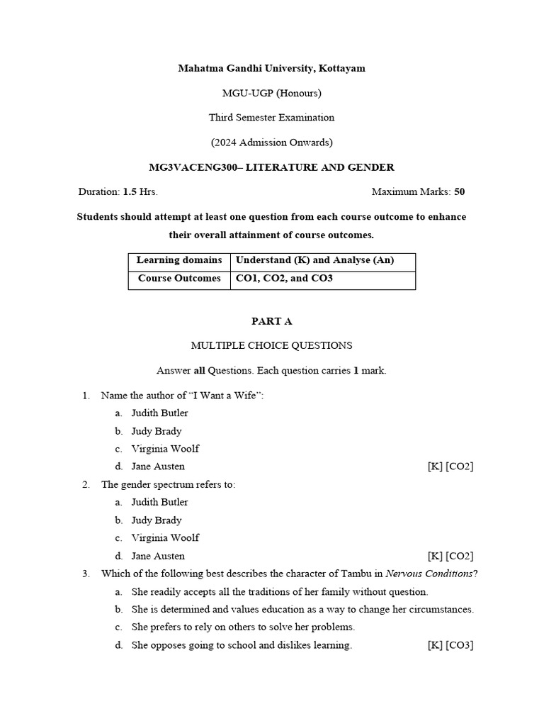 Answer Key for Literature and Gender Exam | PDF | Gender | Gender Studies