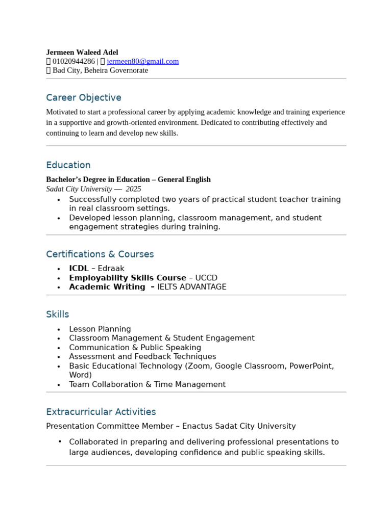 Jermeen Waleed Adel - Education Graduate Resume | PDF