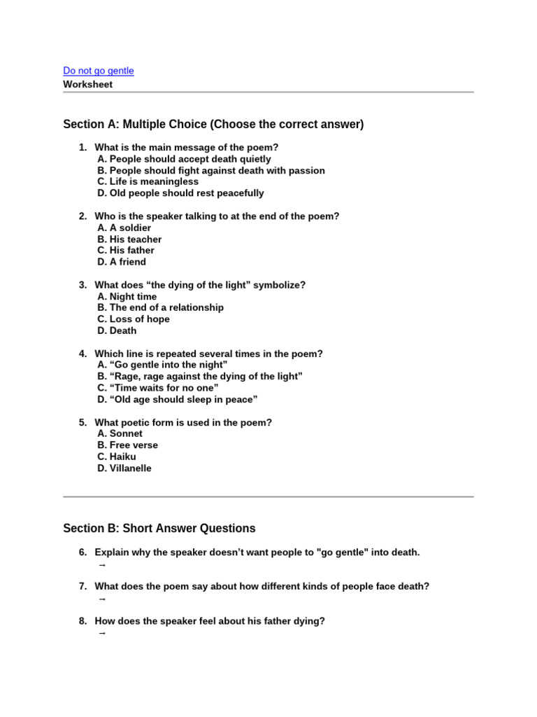 Analyzing "Do Not Go Gentle" Poem | PDF