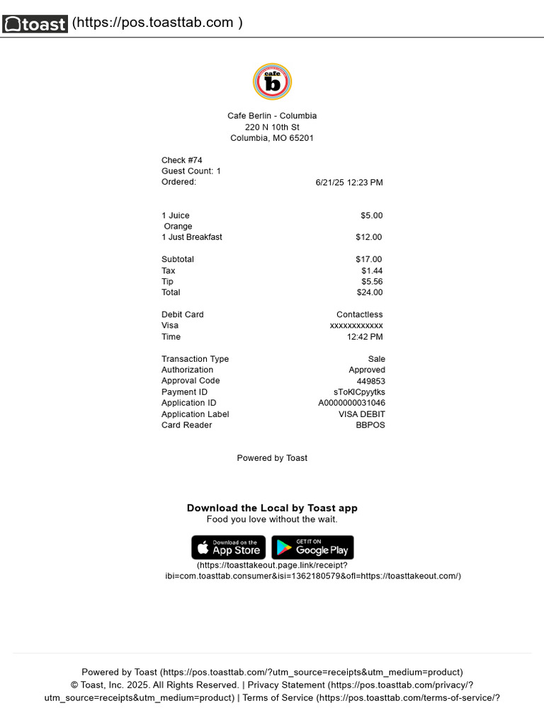 Cafe Berlin Receipt Summary | PDF | Debit Card | Visa Inc.