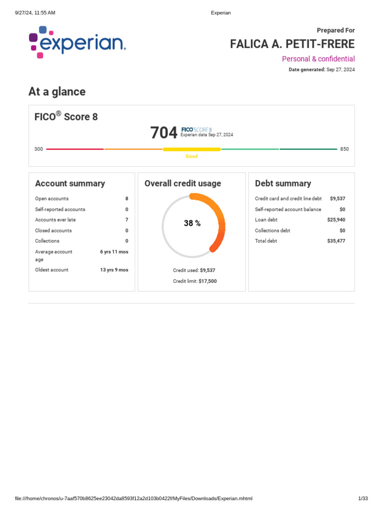 Credit Report Summary for Falicia Petit-Frere | PDF | Credit | Finance ...