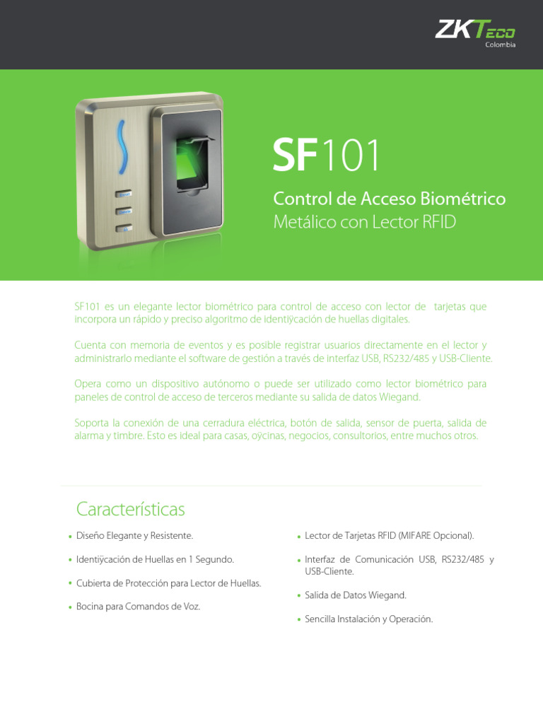 ZKTeco Colombia Control de Acceso Huella SF101 Ficha Tecnica | PDF | Identificación de ...