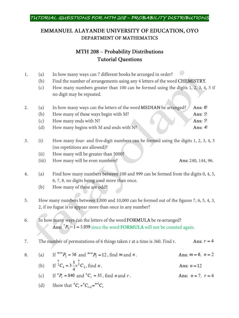 MTH 208 Probability Distribution Questions | PDF | Variance | Data Analysis