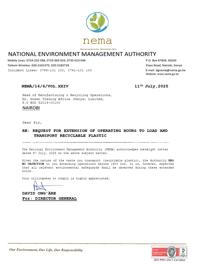 NEMA Permit For Extension of Operating Hours | PDF