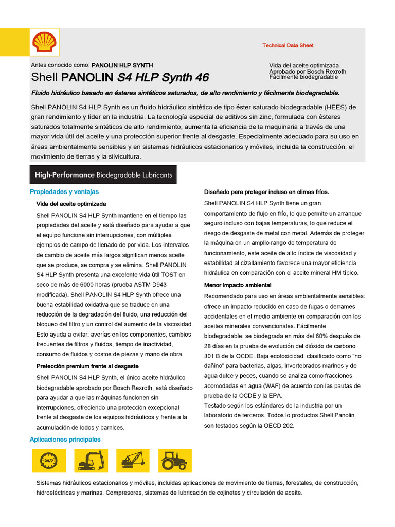 Fluido Hidráulico Shell PANOLIN S4 HLP 46 | PDF | Lubricante | Agua