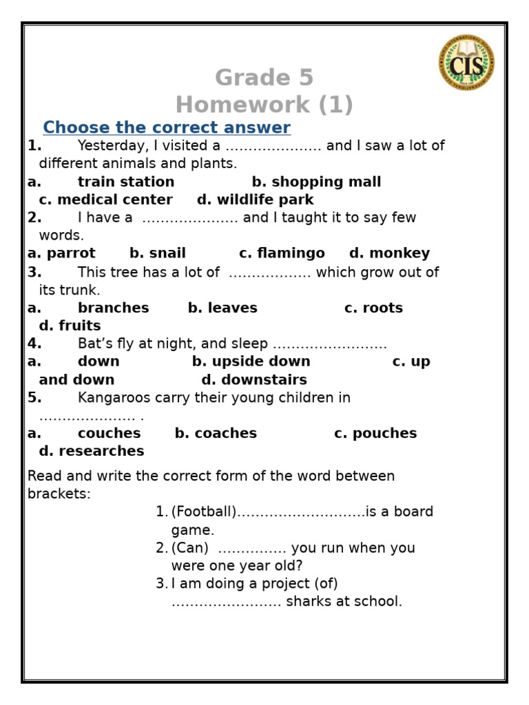 Grade 5 Homework: Animal and Word Exercises | PDF