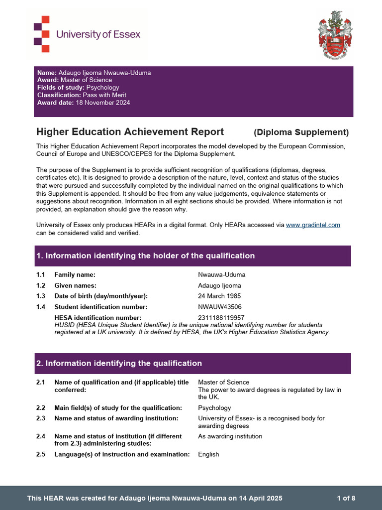 HEAR NWAUW43506 12712 en | PDF | Academic Degree | Postgraduate Education