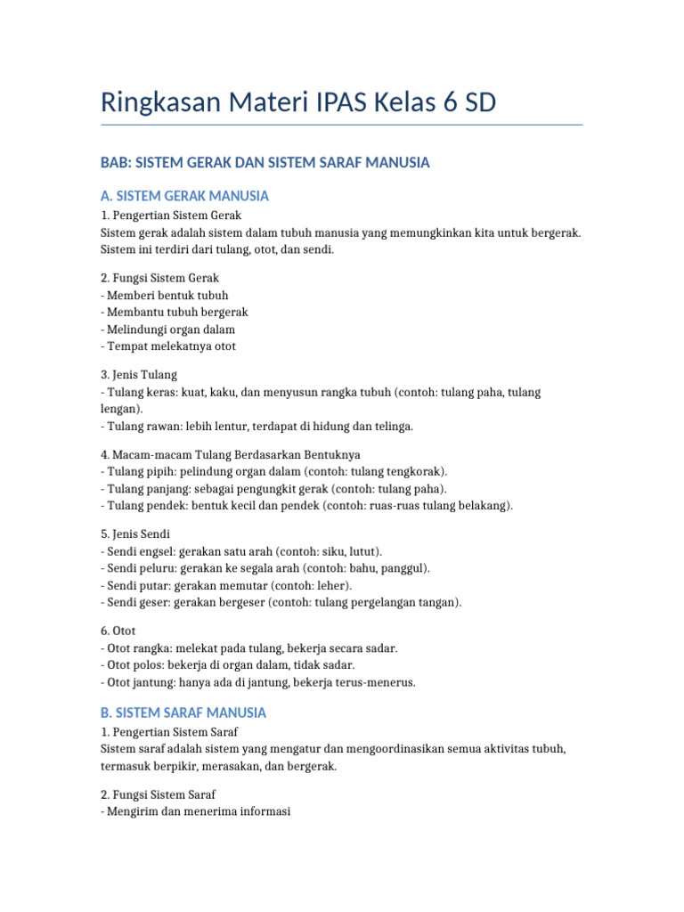 Sistem Gerak dan Saraf Manusia Kelas 6 | PDF