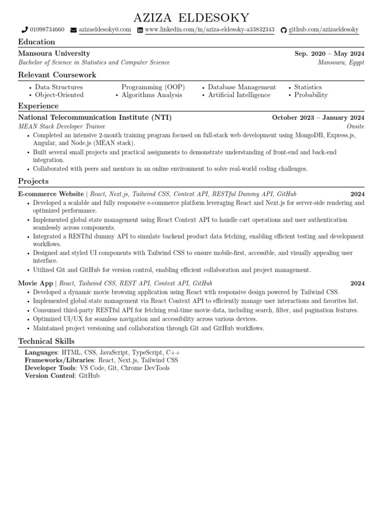 Aziza Eldesoky CV | PDF | Computing | Software Engineering