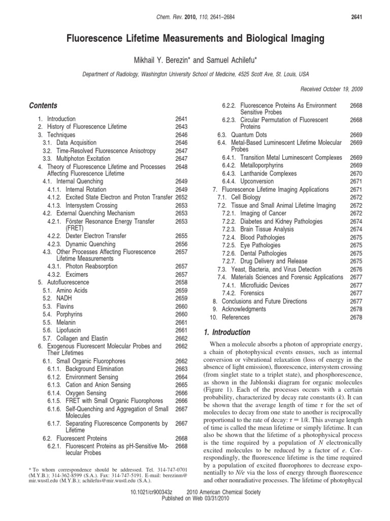 Berezin Achilefu 2010 Fluorescence Lifetime Measurements and Biological Imaging | PDF ...