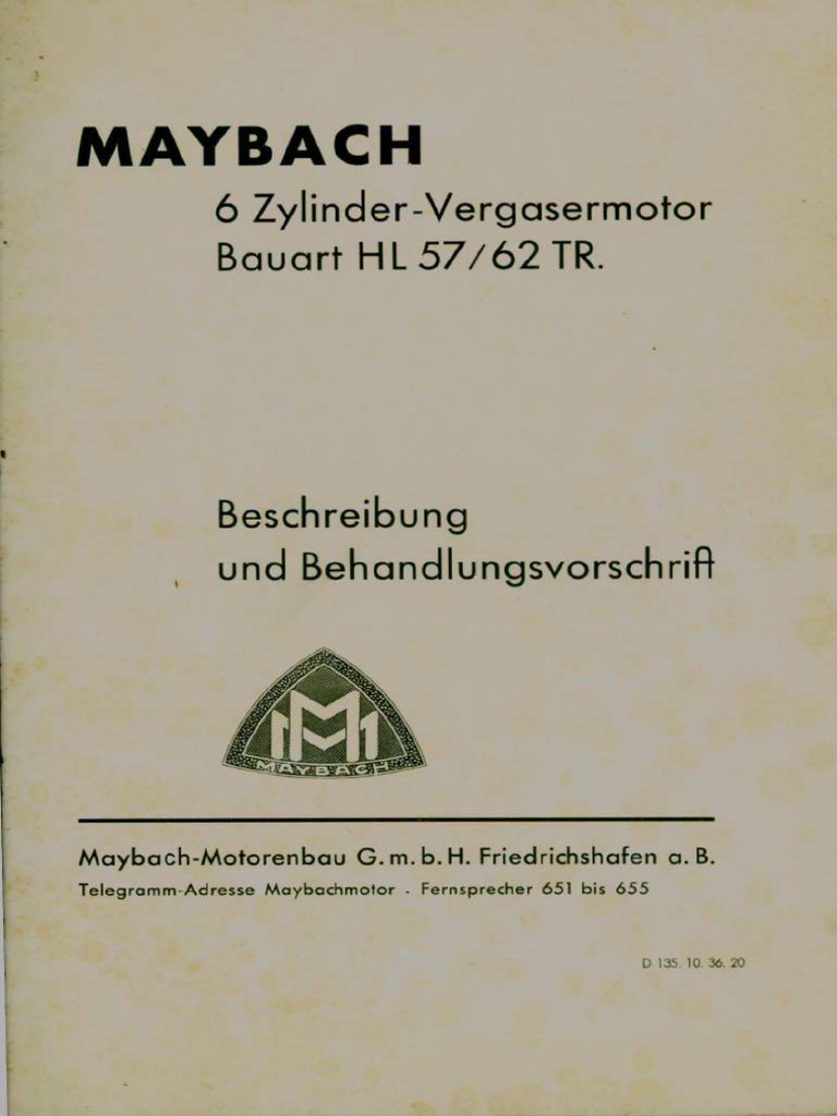 Maybach 6 Zylinder Vergasermotor Bauart HL 57 62 TR Compressed ...