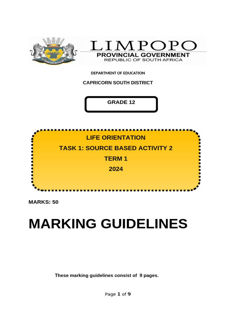 Grade 12 Life Orientation Task 1 Activity 2 Year 2024 Marking Guidelines | PDF | Study Skills ...