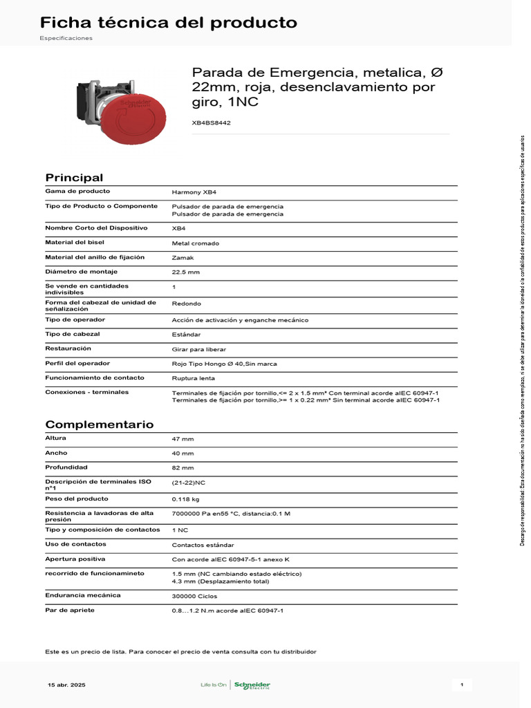 Pulsador de Emergencia Rojo XB4 22mm | PDF