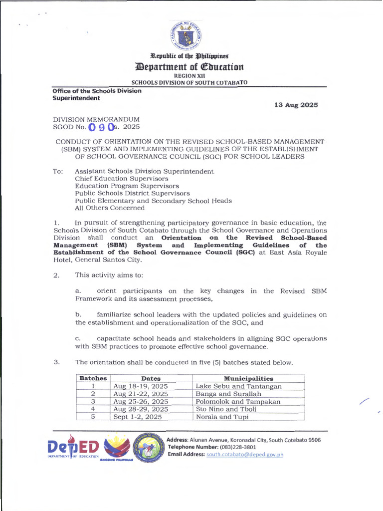 DM Sgod No. 090 S. 2025 Conduct of Orientation On The Revised School ...