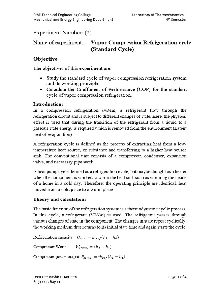 Sheet 2 Vapor Compression Refrigeration Cycle Standard Cycle 1 | PDF ...