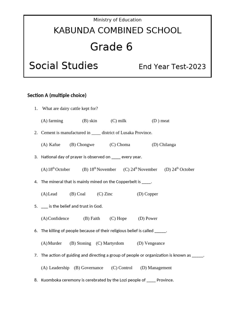 Grade 6 Social Studies End Year Test | PDF | Zambia