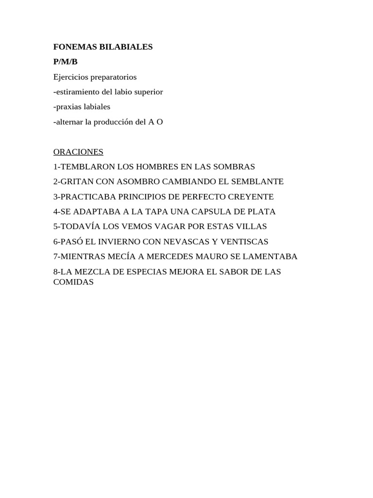 2do Año Fonemas Bilabiales (Oraciones) | PDF