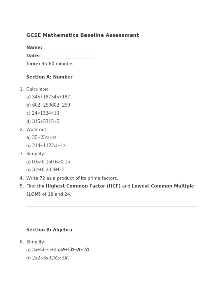 GCSE Mathematics Baseline Assessment | PDF