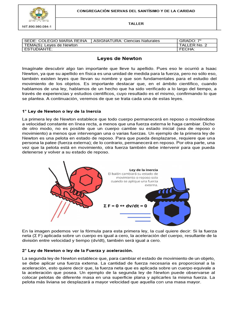 Taller sobre las Leyes de Newton | PDF | Fuerza | Las leyes del ...