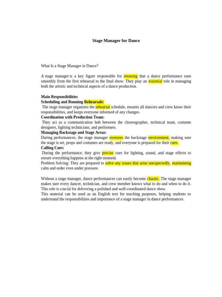 Stage Manager For Dance Text Descriptive Highlight | PDF
