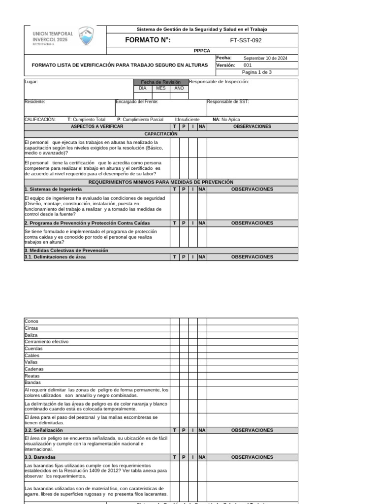 FT-SST-092 Formato Lista de Verificación para TSA | PDF