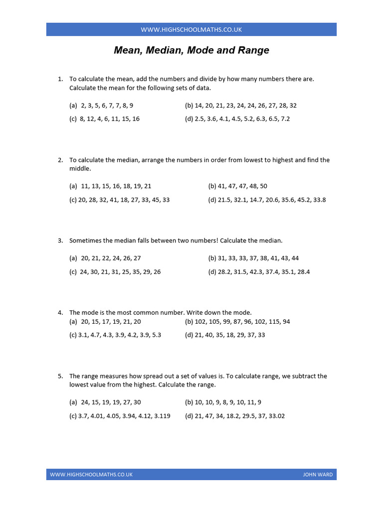 Mean, Median, Mode, and Range Guide | PDF | Mean | Chess