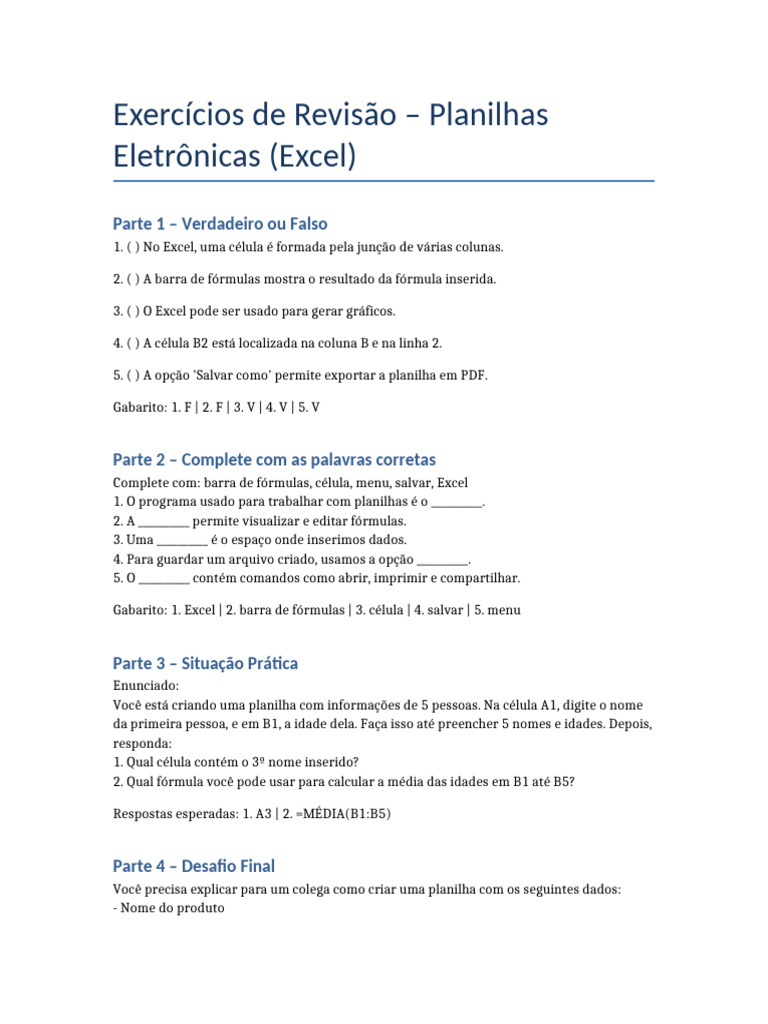 Exercicios Planilhas Eletronicas Excel | PDF