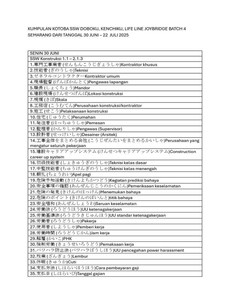 Kumpulan Kotoba SSW Kensetsu | PDF