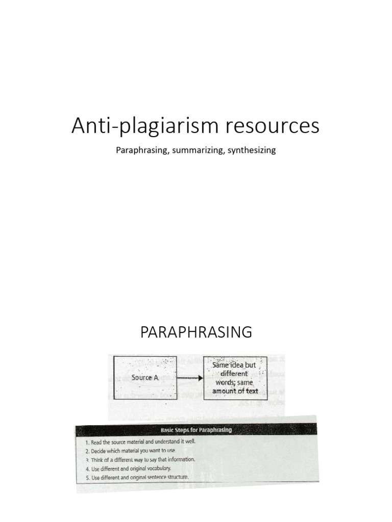 Anti Plagiarism Resources Paraphrasing, Summarizing and Synthesizing | PDF