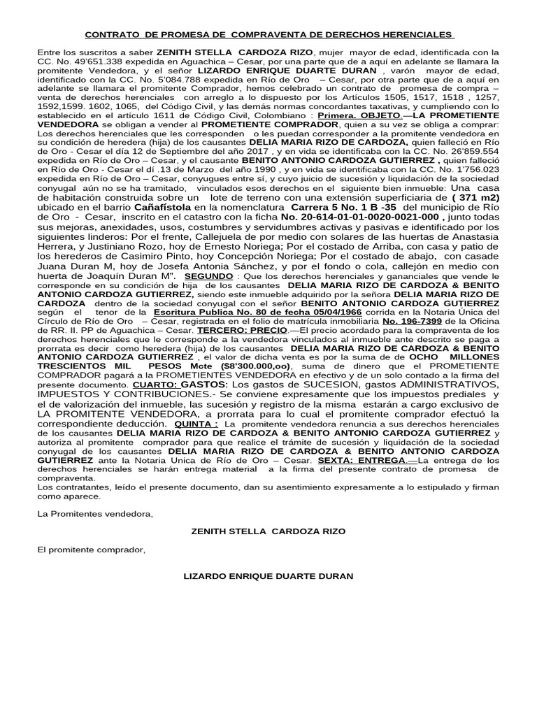 Contrato de Promesa de Compraventa de Senith Stella Cardoza Rizo A ...