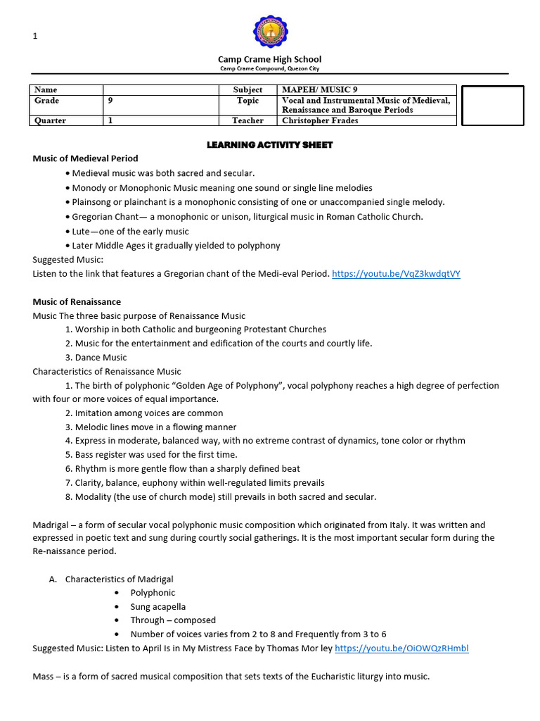 Mapeh 9 q1 Music Day 1 | PDF | Baroque Music | Performing Arts