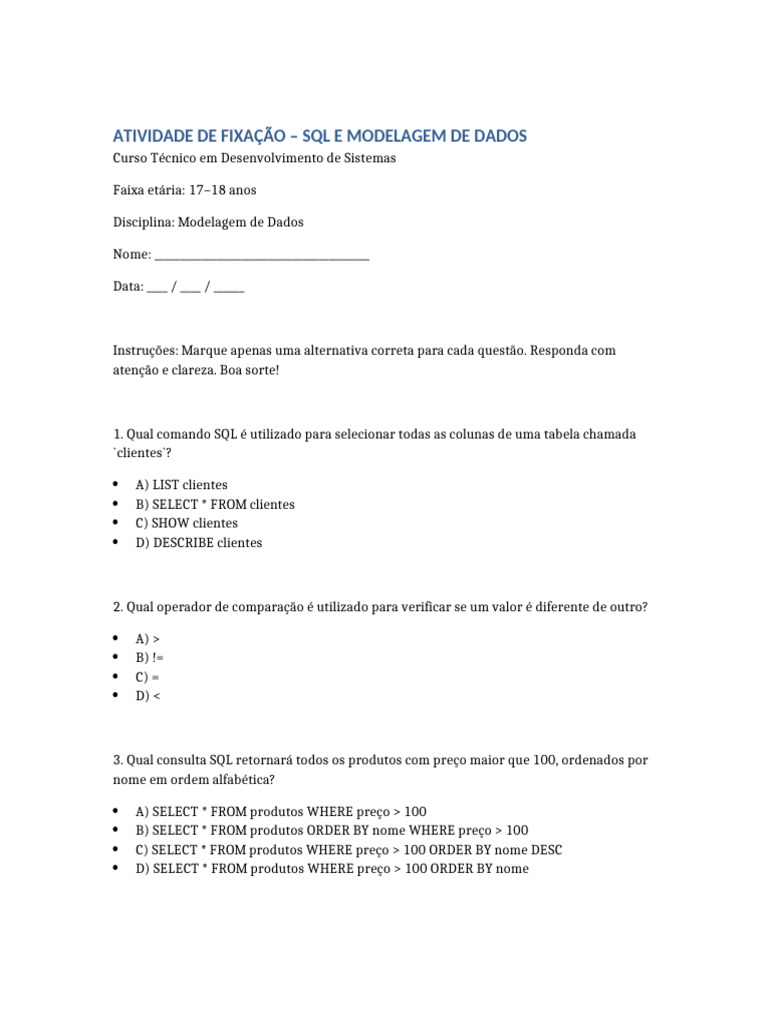 Atividade_SQL_Modelagem_Multipla_Escolha_REFEITO | PDF | SQL | Bancos de dados