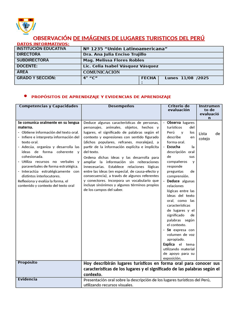 Unid 5 Sem 1 Ses 1 Comunic Observacion de Imagenes de Lugares Turisticos Del Peru. | PDF ...