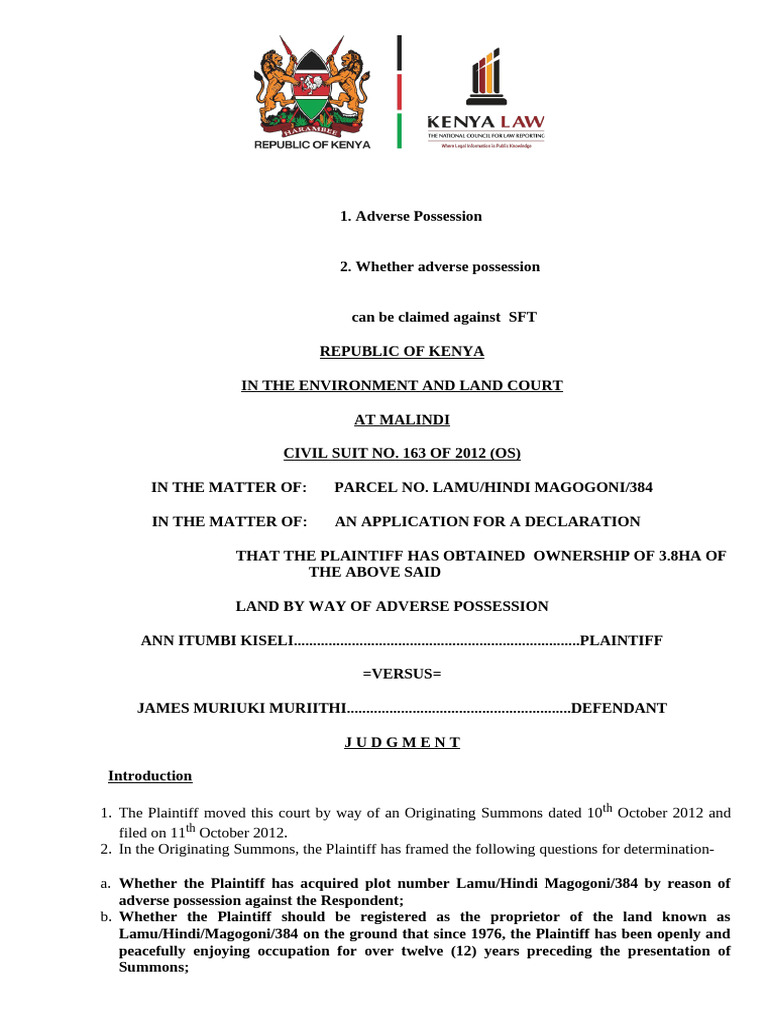 Ann Itumbi Kiseli v James Muriuki Muriithi 2013KEHC1581(KLR) (2) | PDF | Lawsuit | Adverse ...