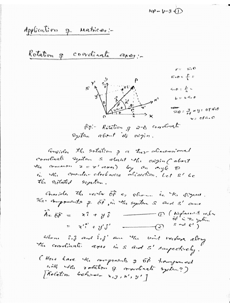 Rotation of Coordinates Axes - Matrices Class Note | PDF