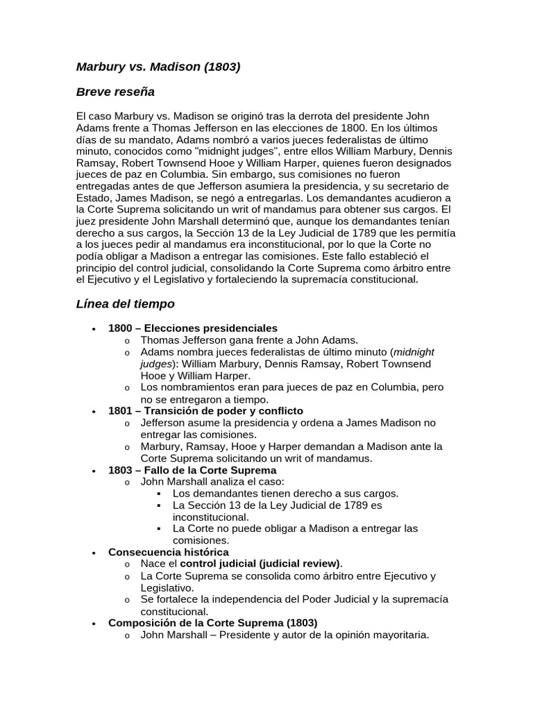 Marbury Vs Madison (Resumen) | PDF | Marbury V. Madison | John Marshall