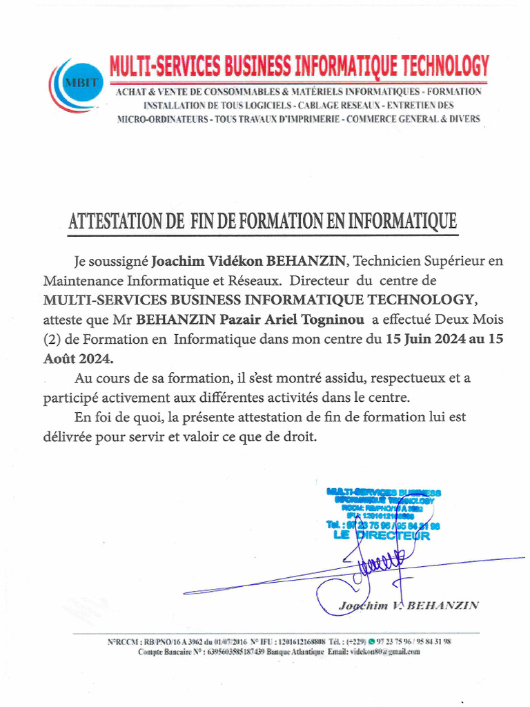 Attestation de Fin de Formation en Informatique | PDF