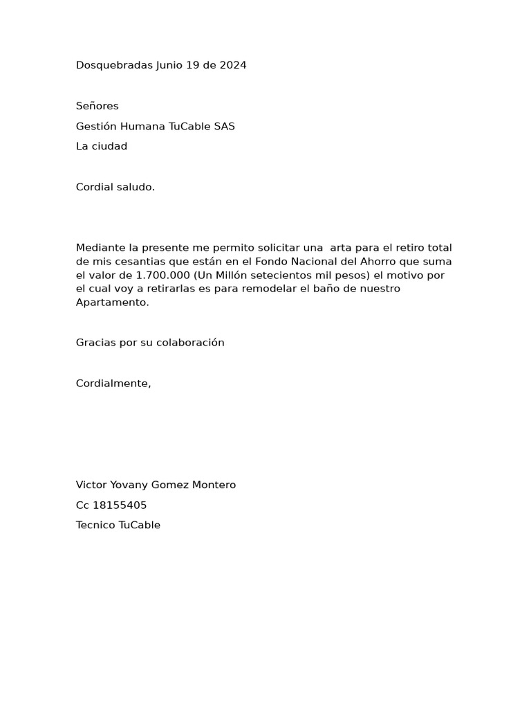 Carta Solicutud Retiro Cesantias | PDF