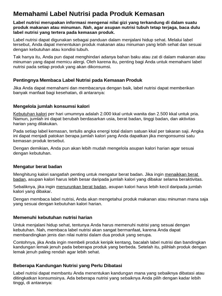 Memahami Label Nutrisi untuk Kesehatan | PDF