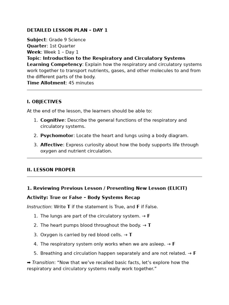 DETAILED LESSON PLAN Grade9 | PDF | Circulatory System | Respiratory System