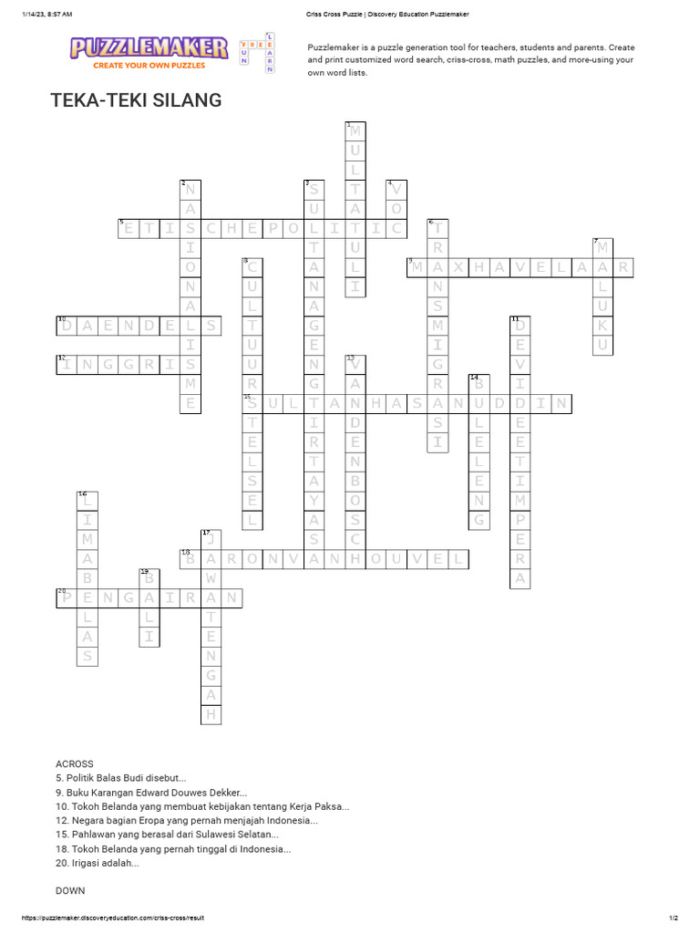 Criss Cross Puzzle _ Discovery Education Puzzlemaker | PDF