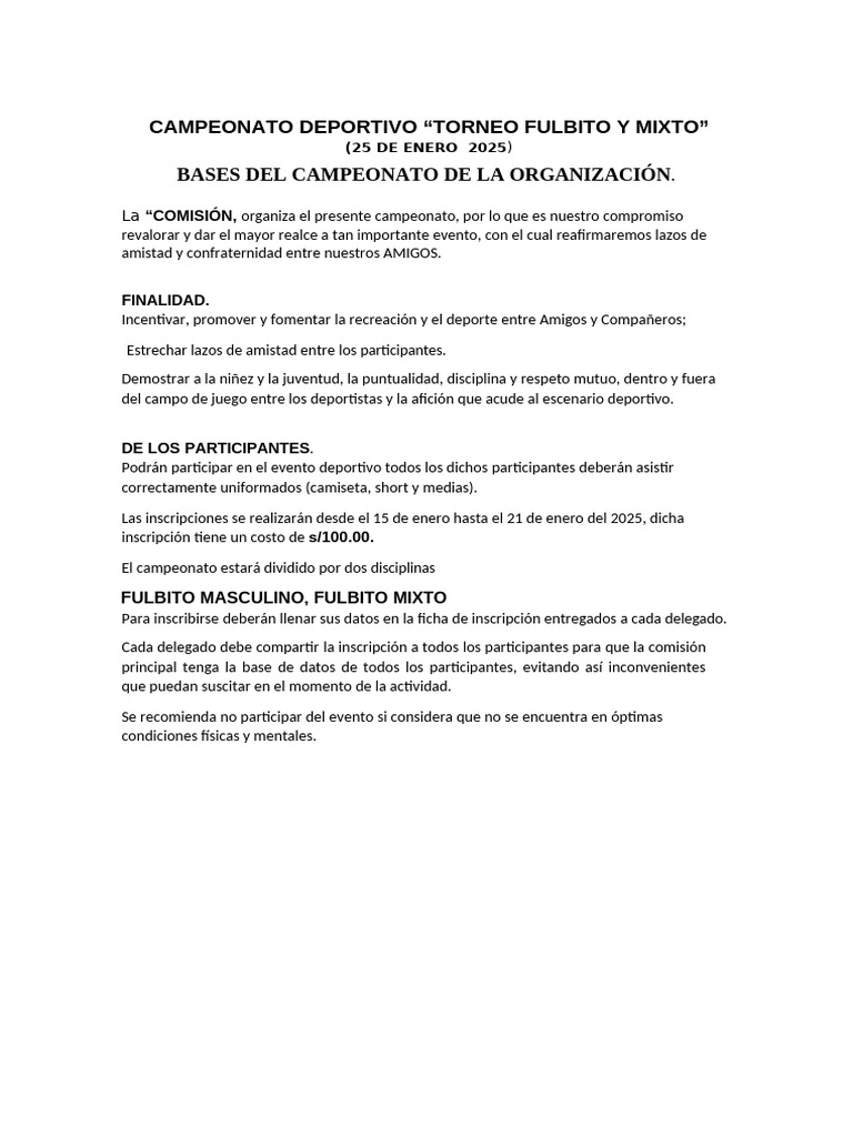 Torneo Fulbito y Mixto 2025: Bases y Normas | PDF | Árbitro | Deportes