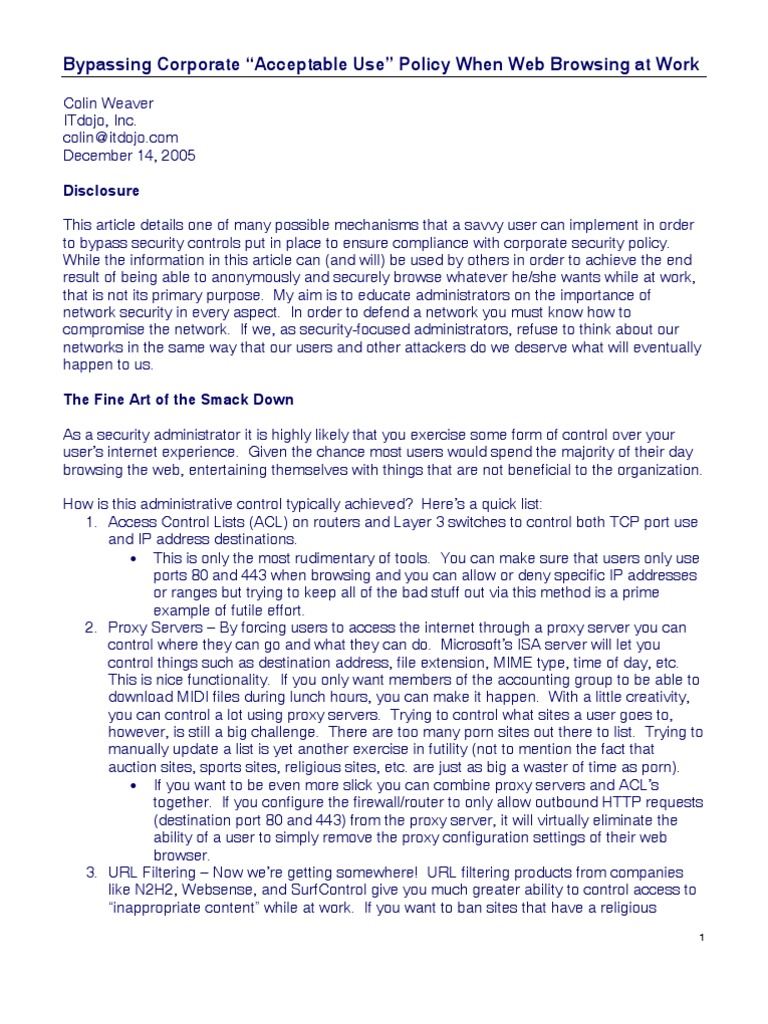 Bypassing Corporate "Acceptable Use" Policy When Web Browsing at Work | PDF | Proxy Server ...
